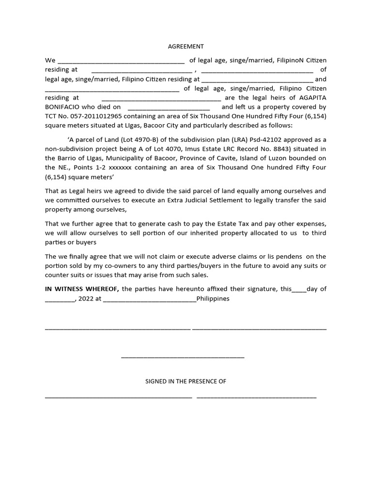 Legal Heirs Property Settlement Agreement | PDF | Justice | Crime & Violence