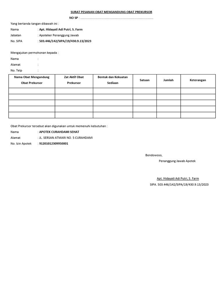 Surat Pesanan Prekursor Dan Oot | PDF