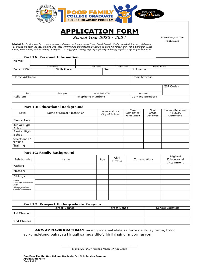 1PF1CG Full Scholarship Application Form | PDF