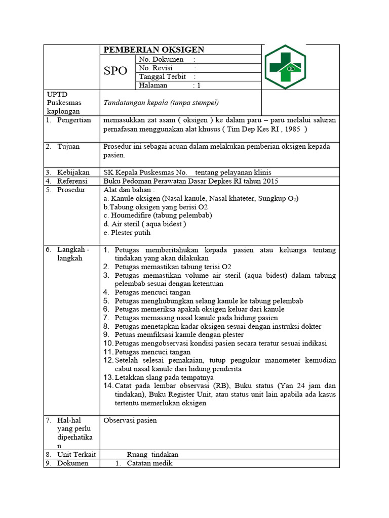 Sop Terapi Oksigen | PDF
