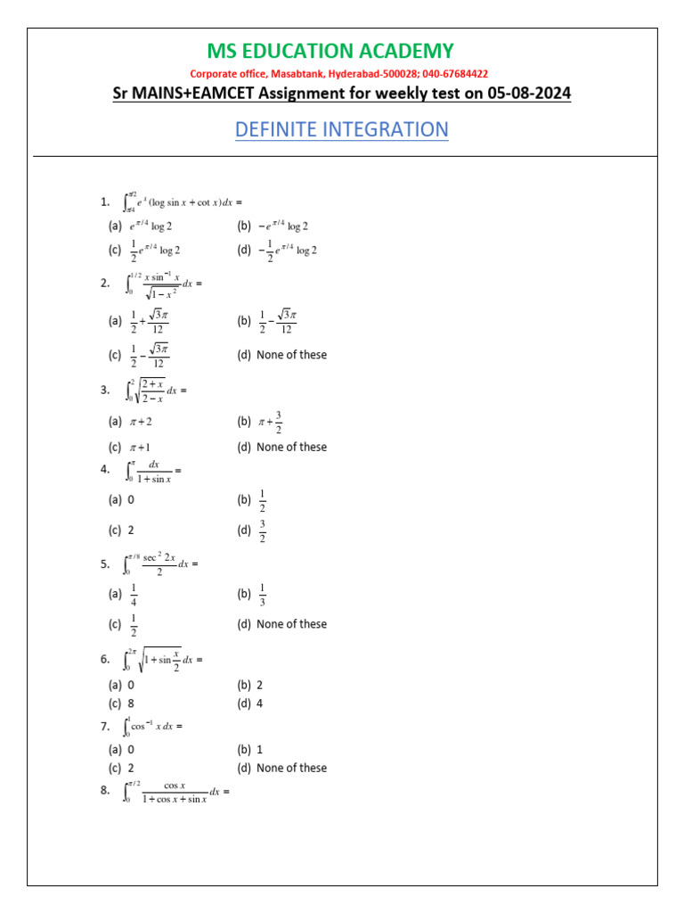 SR Mains+Eamcet-maths Assignment For Weekend 5th Aug 2024 (Definite ...