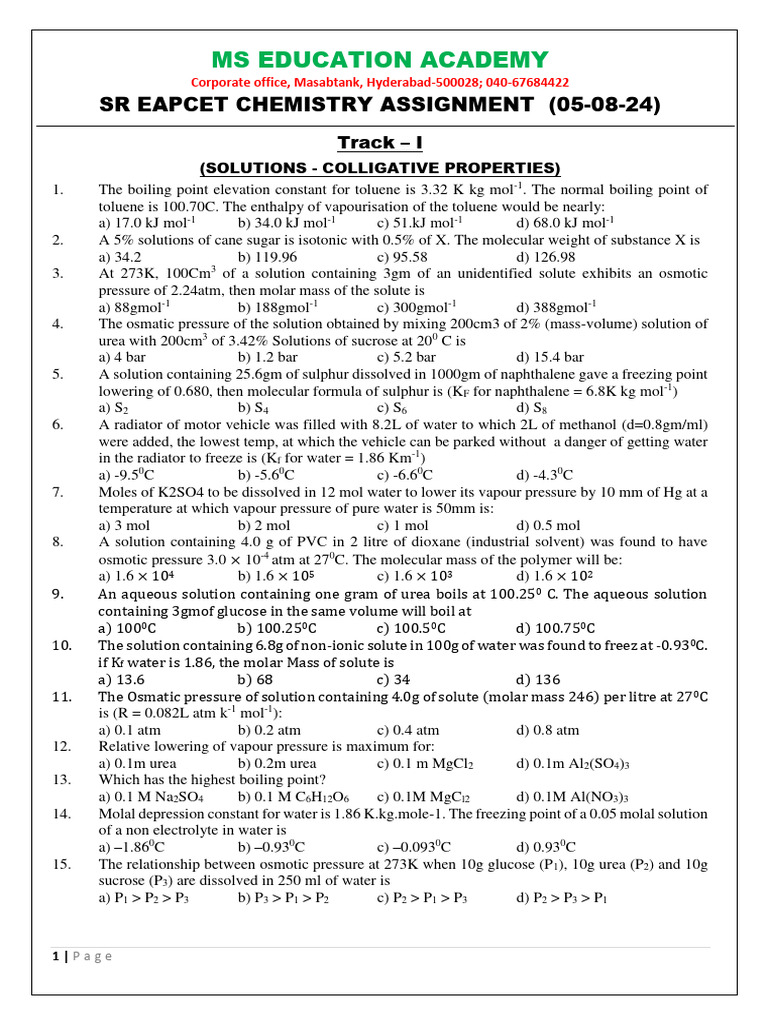SR EAPCET Chemistry Assignment | PDF | Mole (Unit) | Chemistry