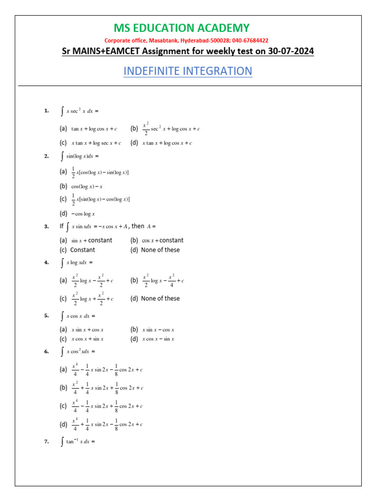 SR Mains+Eamcet-maths Assignment For Weekend 30th July 2024 (Indefinite Integration) | PDF ...