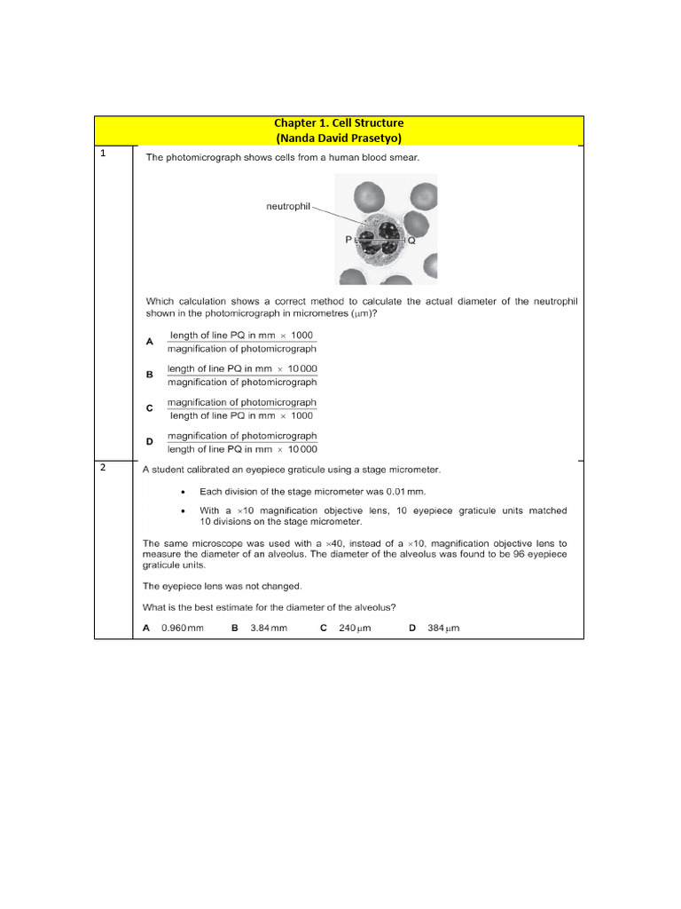 Open Chapter 1. Cell Structure Exercise Paper 1 (Rev 1) | PDF