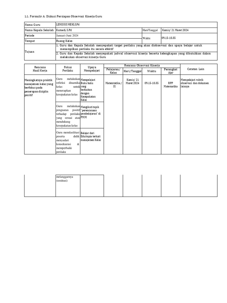 RUBRIK OBSERVASI KINERJA GURU - FORM A (Lenisius Meki, S.PD MTK KLS IX | PDF