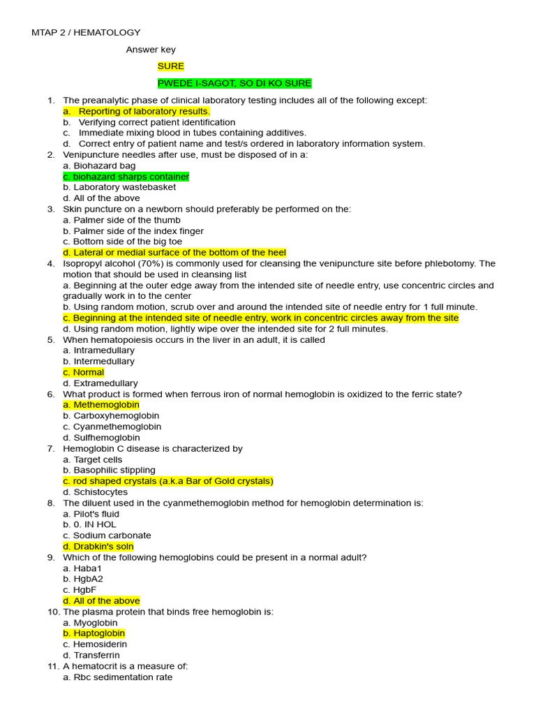 Mtap 2 Hematology (With Answers) | PDF | Anemia | Red Blood Cell
