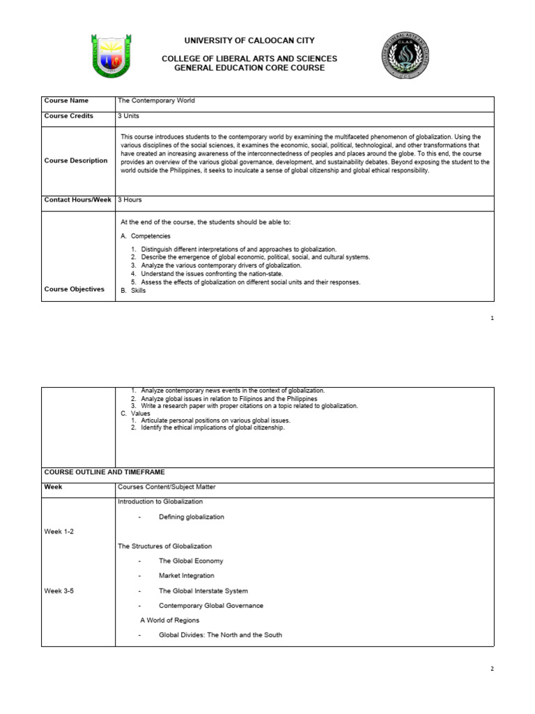 Syllabus - The Contemporary World (Prof. Chris Cordinete) | PDF ...