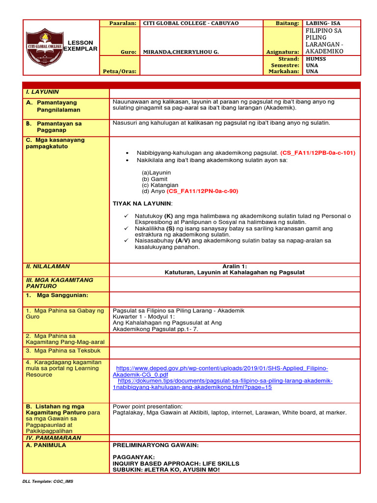 Le - G11 - Week 1 Filipino Sa Piling Larangan - Final | PDF