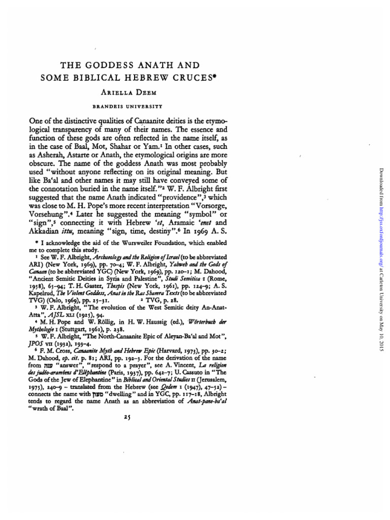 The Goddess Anath and Some Biblical Hebrew Cruces : Ariella Deem | PDF