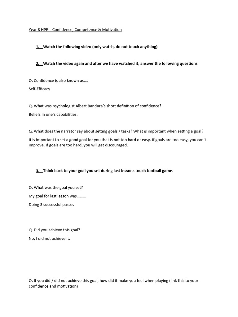 Year 8 HPE: Building Confidence & Goals | PDF | Goal | Self Efficacy
