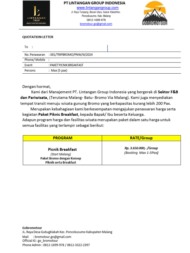 Paket Piknik Breakfast Bromo GBT | PDF