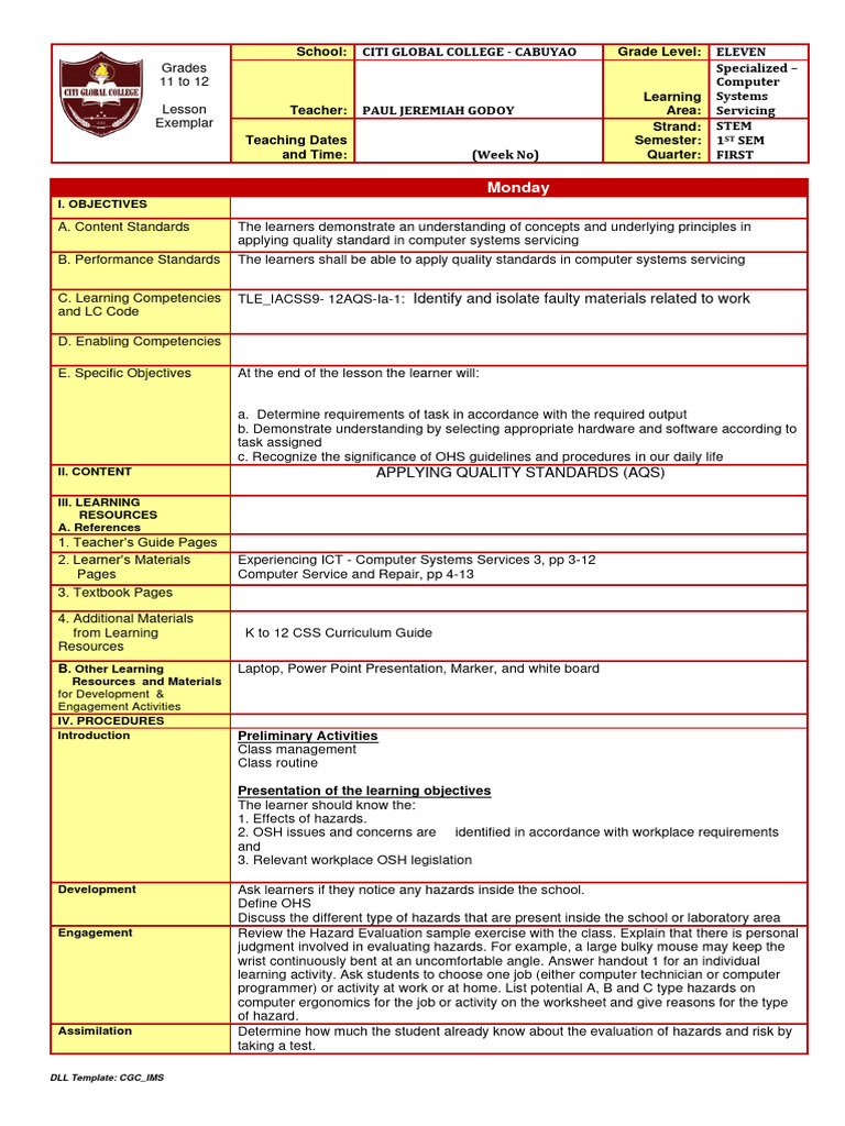 Le G11 Week-1-Computer Systems Servicing Draft | PDF | Learning | Teachers