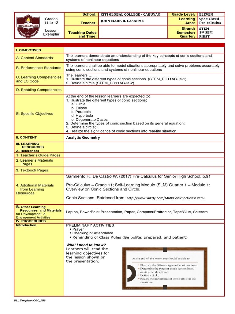 Le g11 Week 1 Pre Calculus Draft | PDF | Ellipse | Manifold