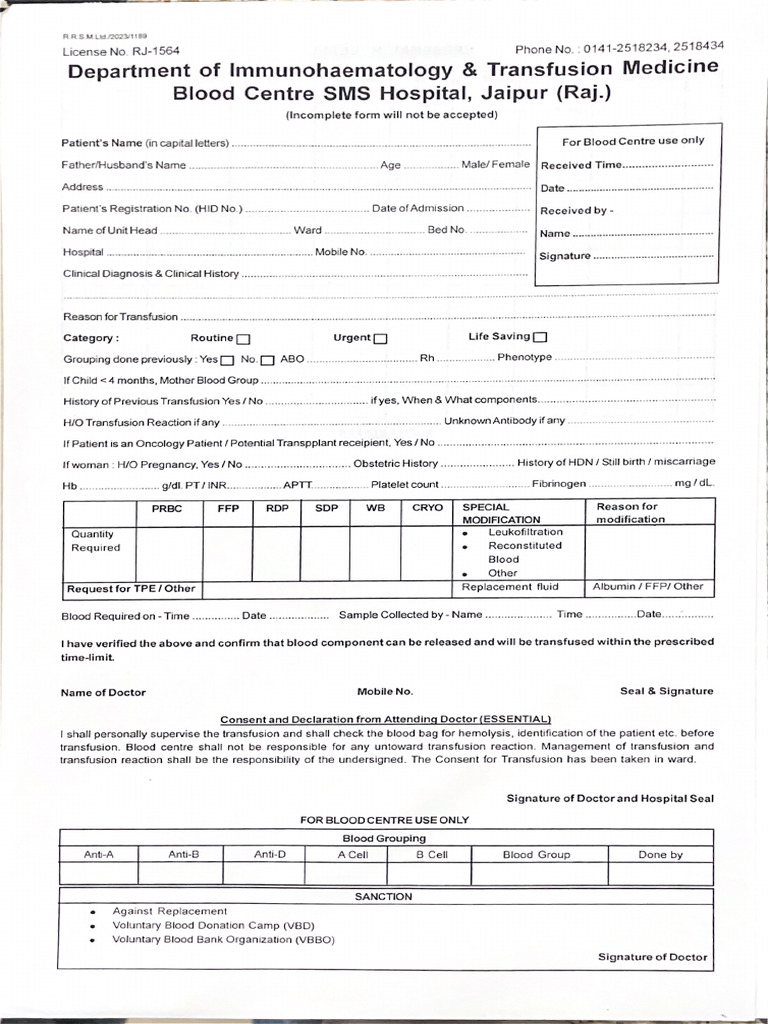 Blood Requisition Form New | PDF