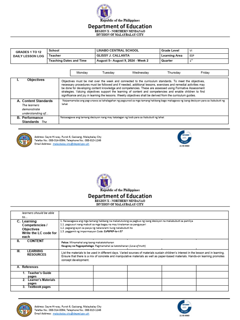 DLL Lesson Log Esp6 q1 w2 | PDF
