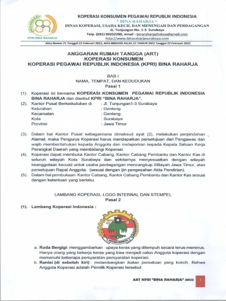 Contoh ART KPRI Bina Raharja | PDF