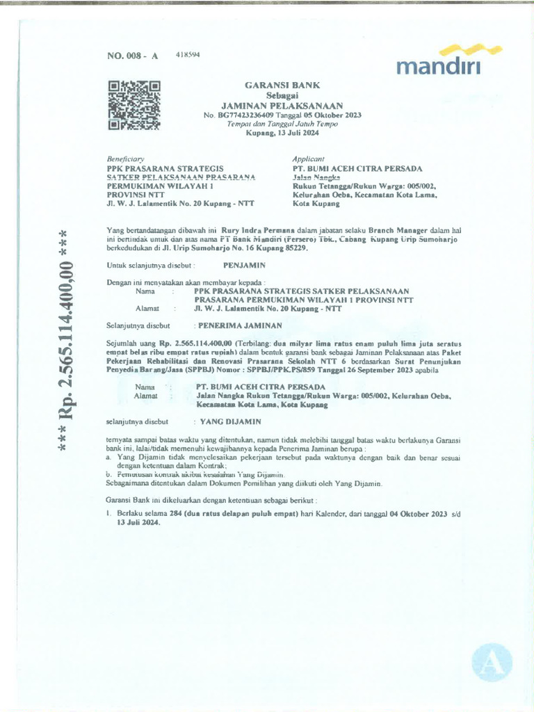 Copy BG Jaminan Pelaksanaan - Bacp NTT | PDF