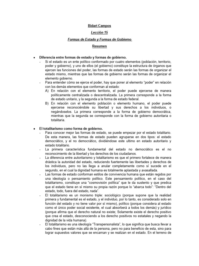 Bidart Campos Lección 15 Formas de Estado y Formas de Gobierno Resumen ...