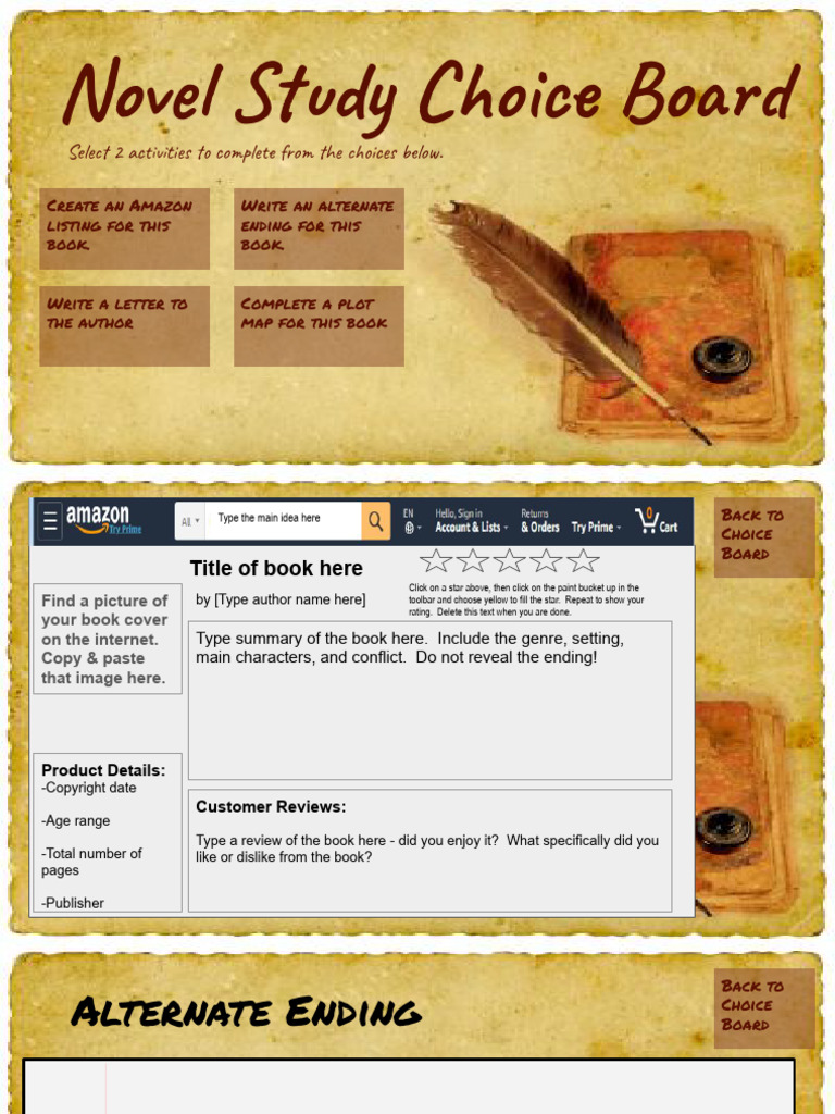 Novel Study Choice Board | PDF | Books | Plot (Narrative)