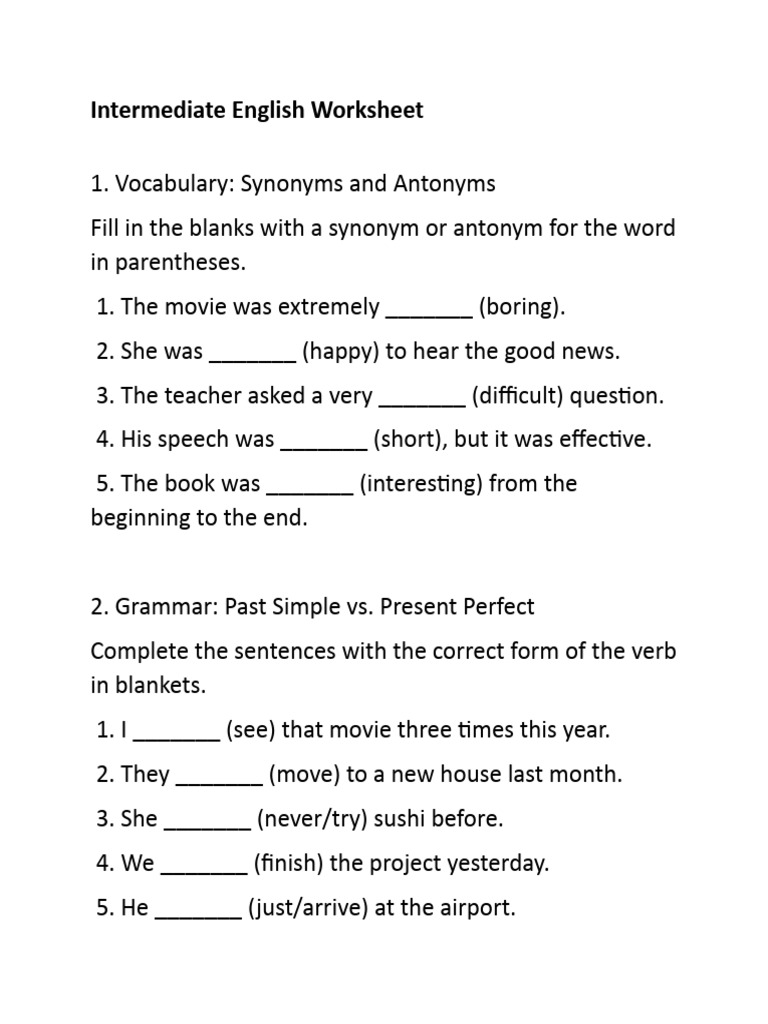 Intermediate English Worksheet | PDF | English Language | Reading ...