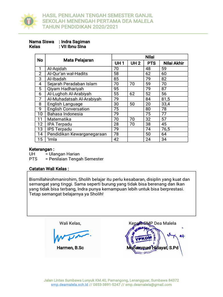 Hasil Penilaian PTS Siswa SMP Dea Malela | PDF