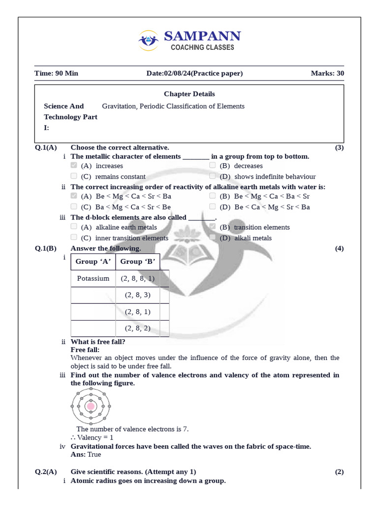 24 (Practice Paper) Answer Key 02 08 2024 16 38 | PDF | Atoms ...