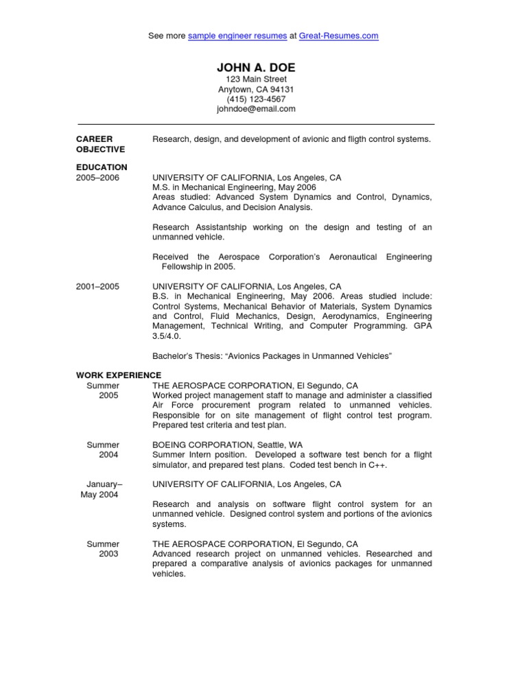 Aerospace Engineer Resume Sample