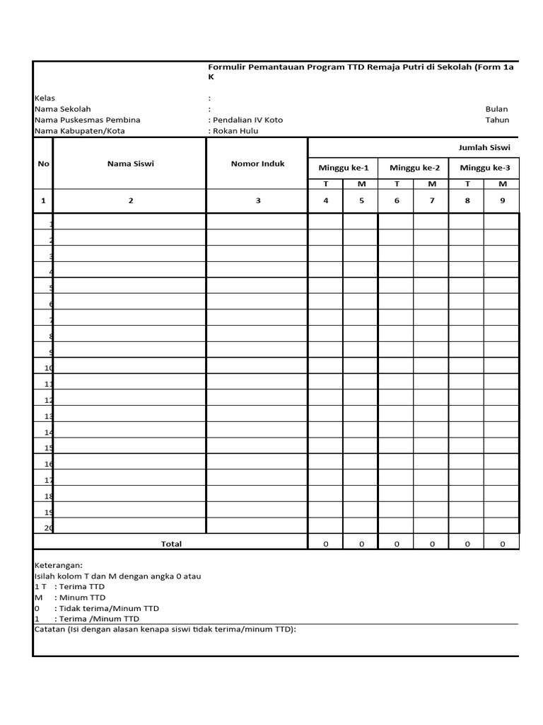 Format Laporan TTD Rematri 1a Tablet Tambah Darah Untuk Remaja Putri | PDF