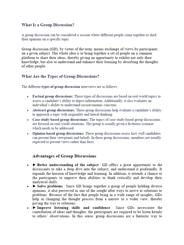 Types and Benefits of Group Discussions | PDF | Thought | Knowledge