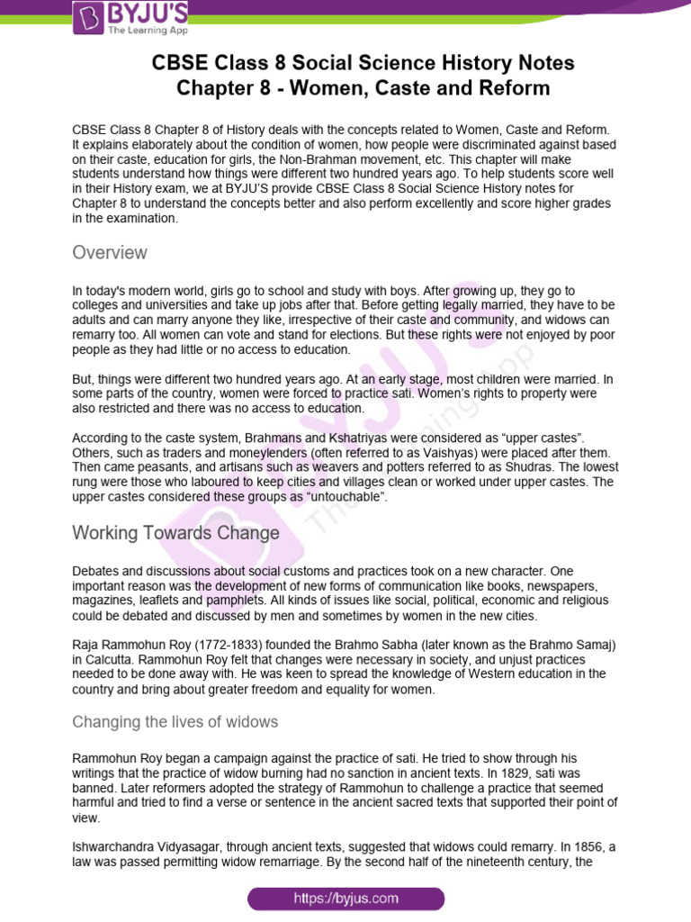 CBSE Class 8 Social Science History Notes Chapter 8 Women Caste and ...