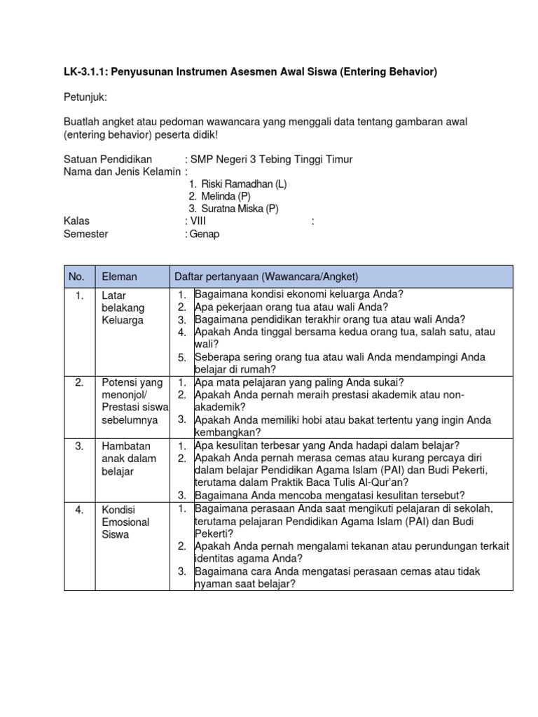 Instrumen Asesmen Awal Siswa PAI | PDF