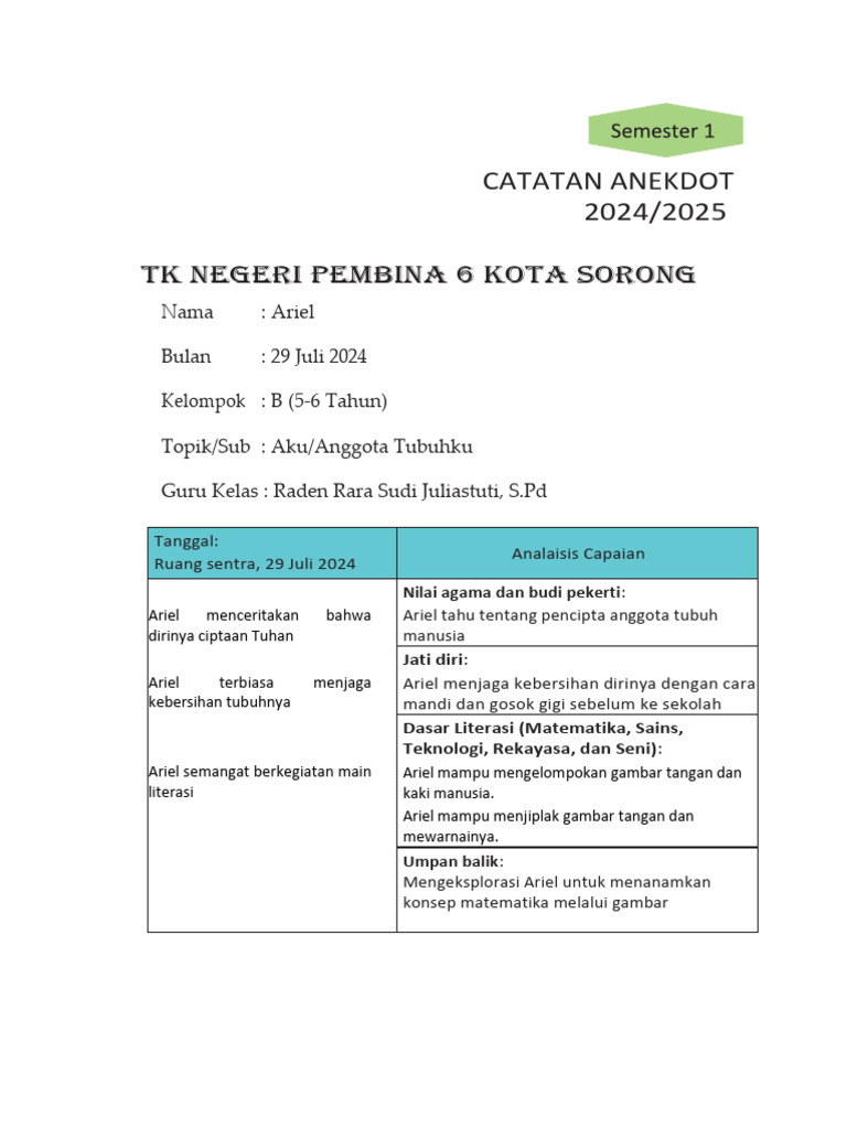 Asesmen Catatan Anekdot Sub Topik Anggota Tubuhku (Ariel Dan Freya) | PDF