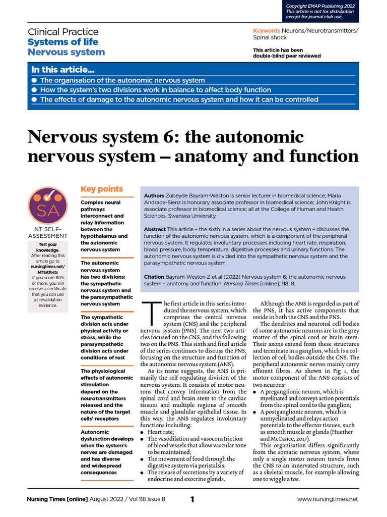 Nervous System 6 The Autonomic Nervous System - Anatomy and Function ...