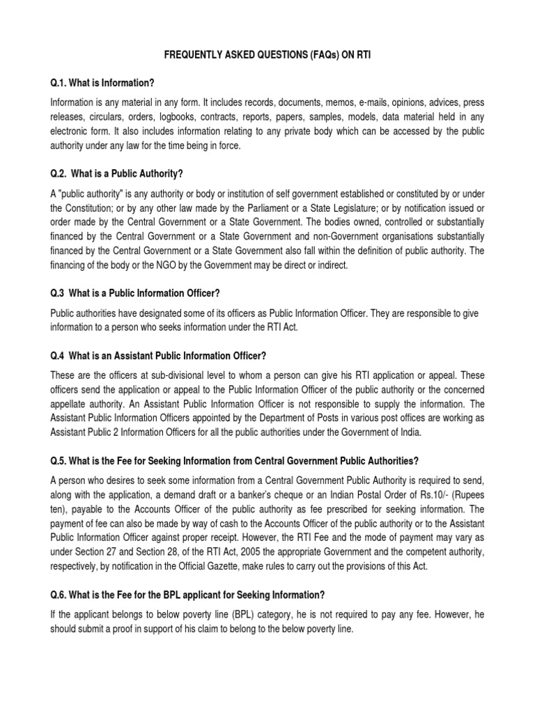 FREQUENTLY ASKED QUESTIONS FAQs ON RTI | PDF | Justice | Crime & Violence