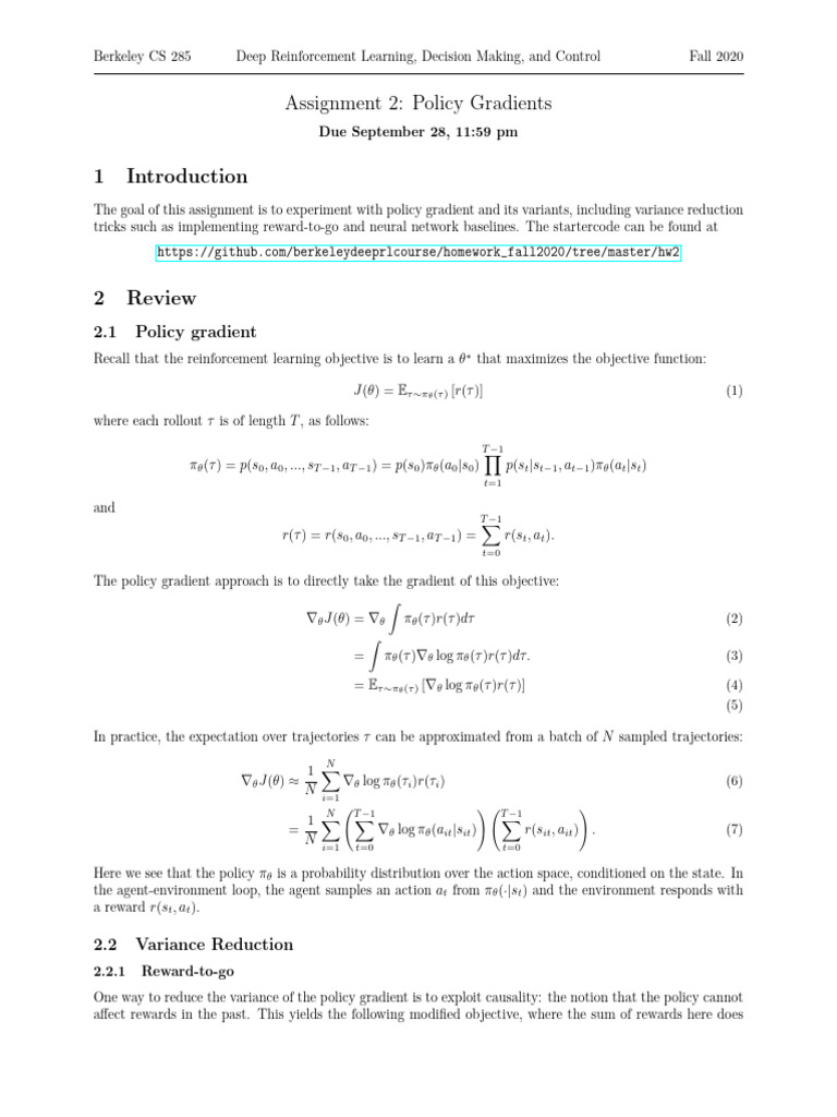 Assignment 2 - Policy Gradients | PDF | Applied Mathematics