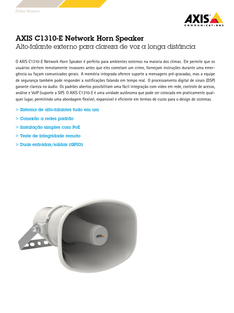 Datasheet Axis c1310 e Network Horn Speaker PT BR 434334 | PDF | Rede ...