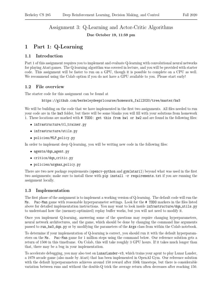 Assignment 3 Q Learning And Actor Critic Algorithms Pdf Artificial Intelligence