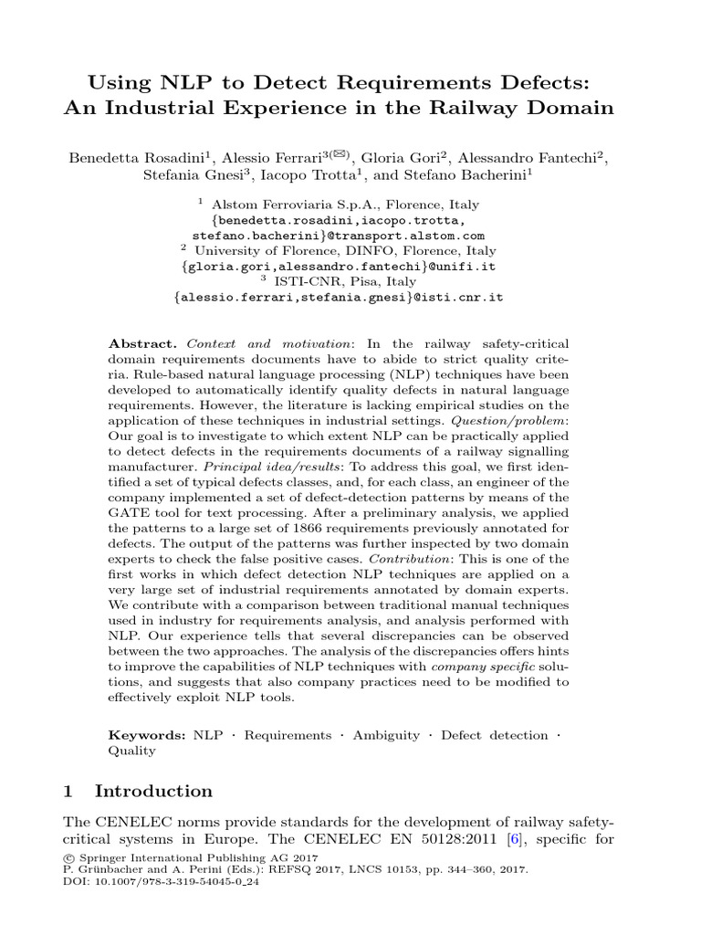 Using NLP To Detect Requirements Defects - An Industrial Experience in The Railway Domain | PDF ...