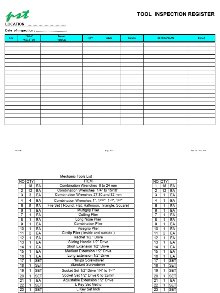 PST-PLT-FO-009 Tool Inspection Register | PDF | Tools