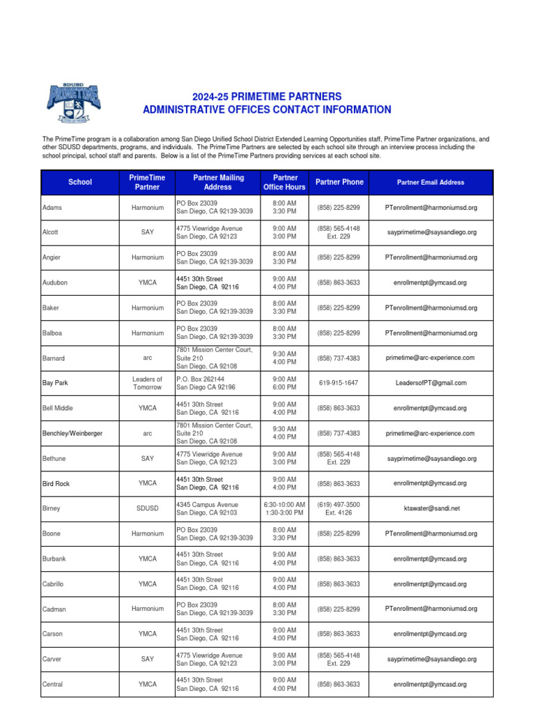 2024-25 PrimeTime Partner Contact Information | PDF | Public Services ...