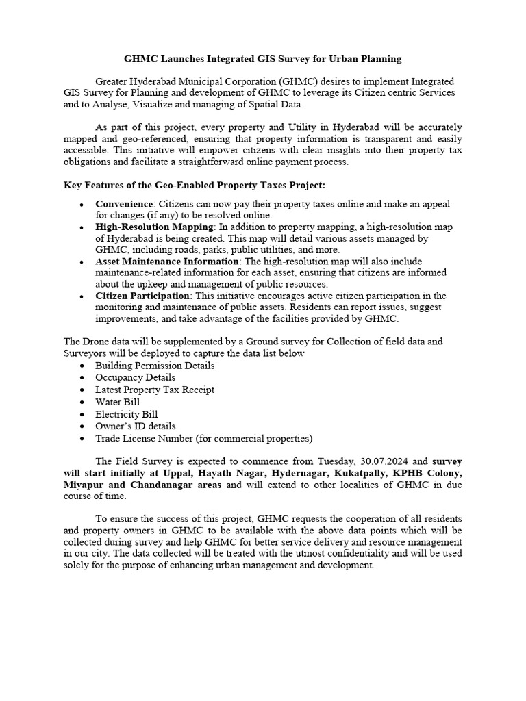 GHMC GIS Survey for Property Tax Management | PDF | Geographic ...