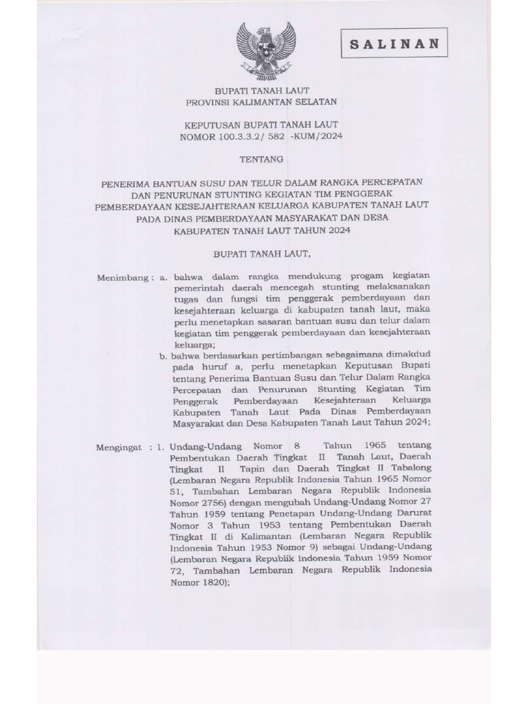 SK Penerima Bantuan Susu Dan Telur Dalam Rangka Percepatan Dan Penurunan Stunting | PDF