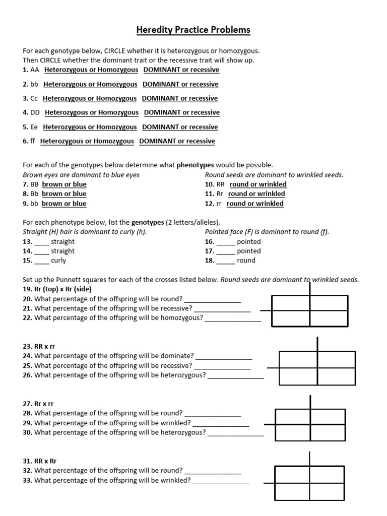 Heredity Practice Problems | PDF | Dominance (Genetics) | Zygosity