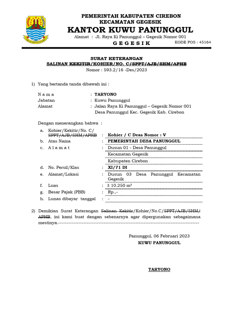 Contoh Surat Keterangan Letter C Desa | PDF