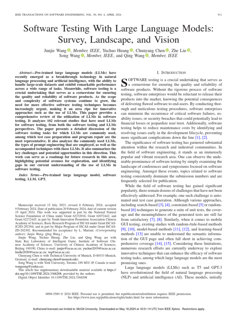 Software Testing With Large Language Models Survey Landscape and Vision ...