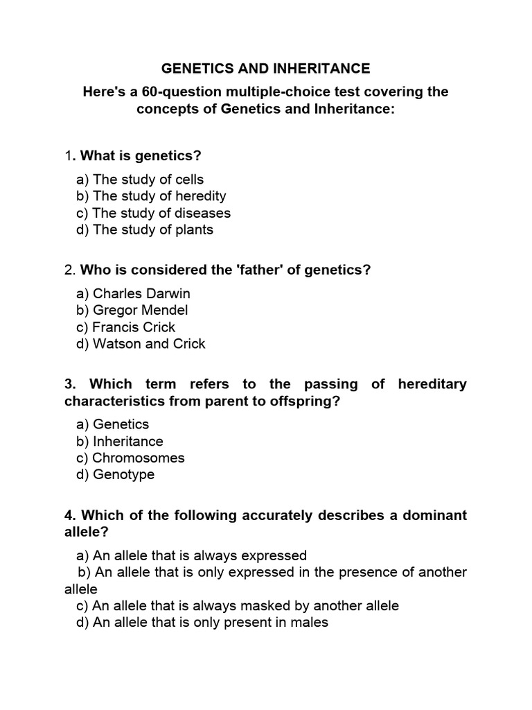 Genetics and Inheritance Quiz | PDF | Dominance (Genetics) | Zygosity