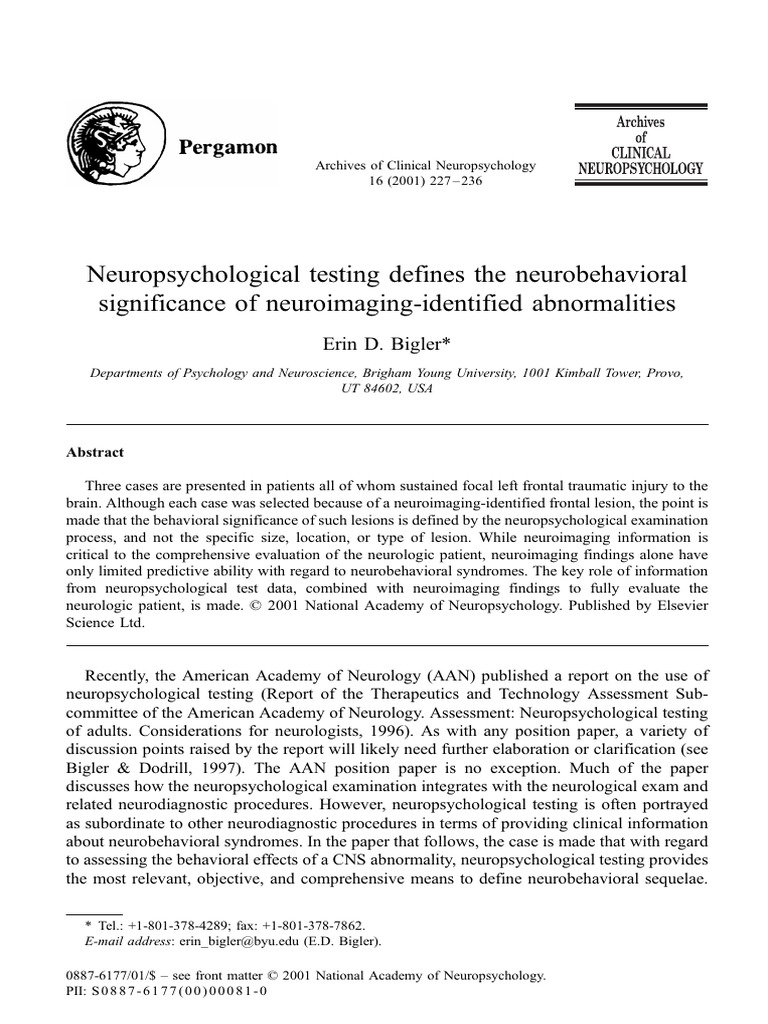 Neuropsychological Testing Defines The Neurobehaviora - 2001 - Archives ...