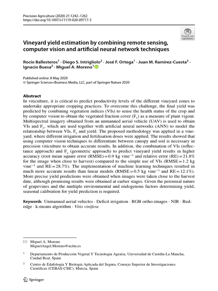Vineyard Yield Estimation by Combining Remote Sensing, Computer Vision and Artificial Neural ...