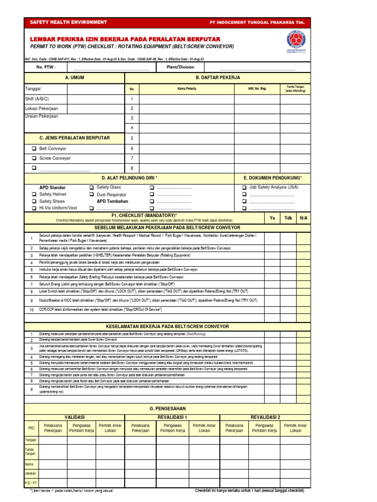 PTW Checklist Peralatan Berputar Screw Belt Conveyor New | PDF ...