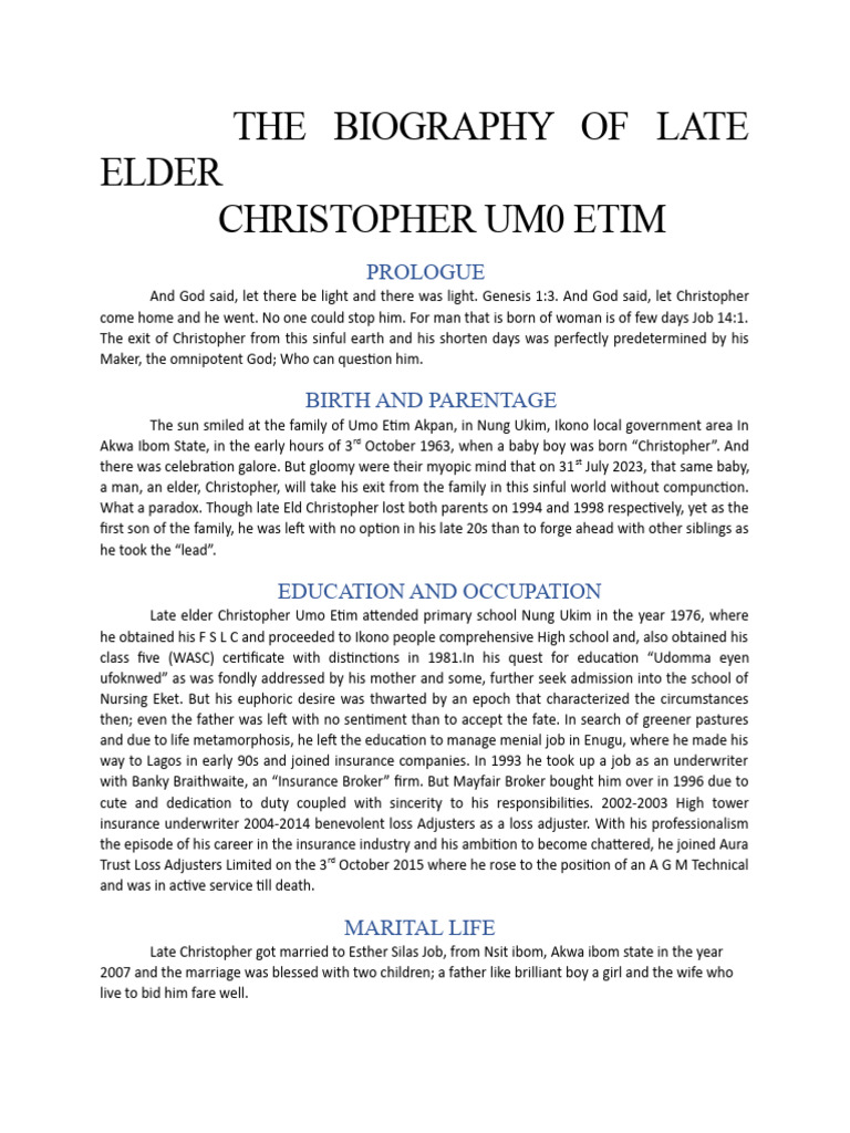 Biography of Late Elder Christopher Umo Etim | PDF